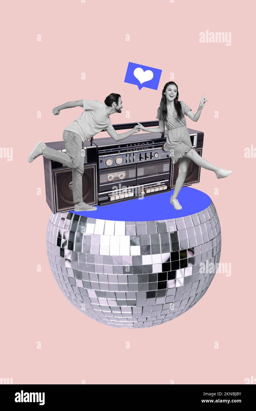 Vertical collage image of two mini excited black white colors people ...