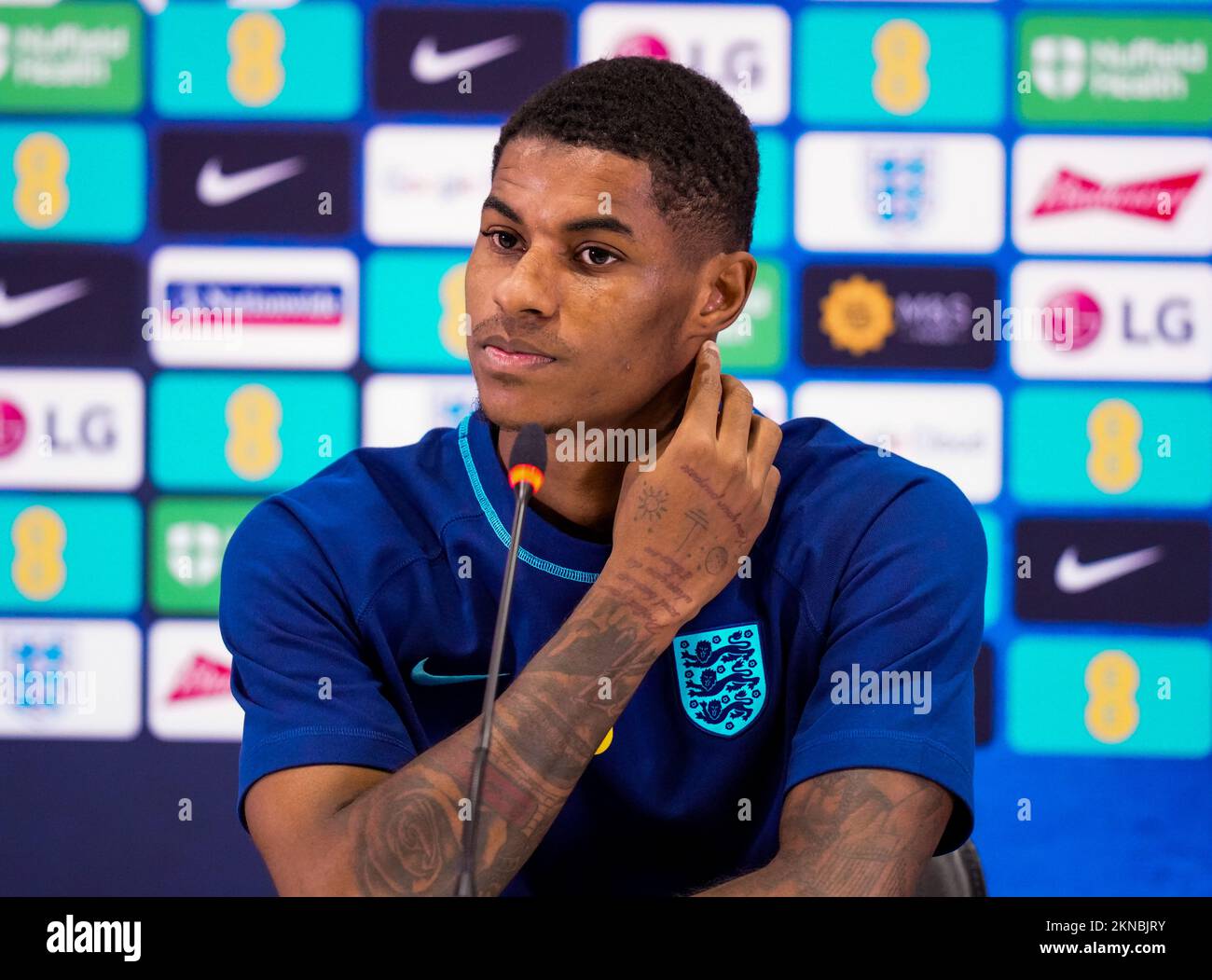 England's Marcus Rashford during a press conference at the Al Wakrah ...