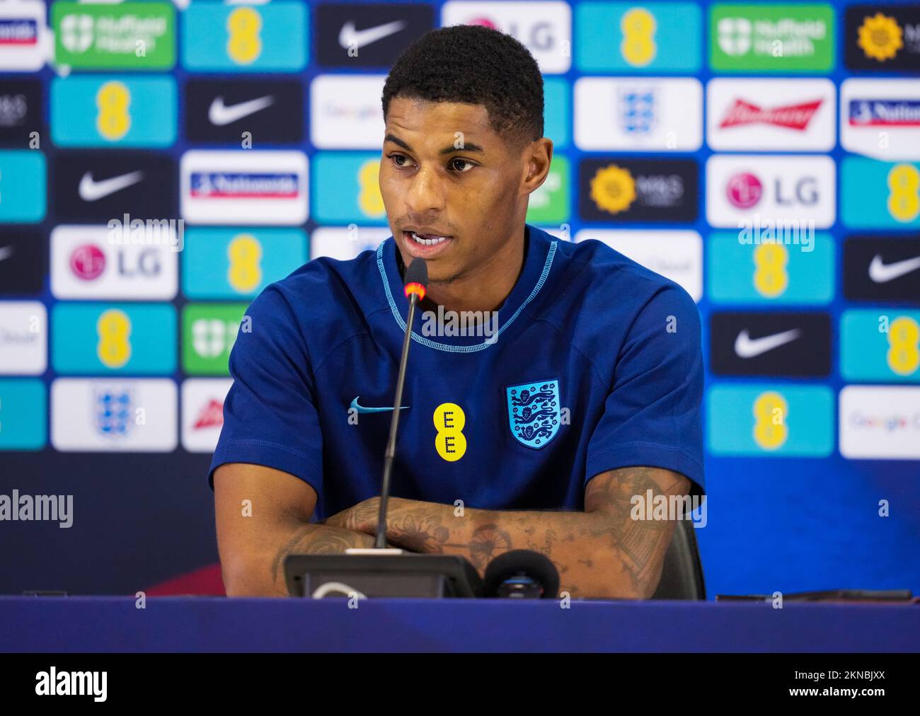 England's Marcus Rashford during a press conference at the Al Wakrah ...