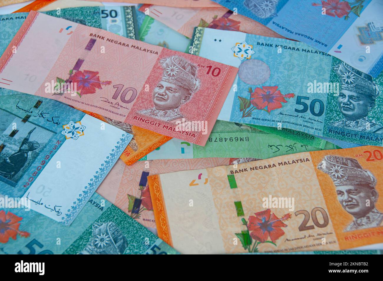 Top view of various Malaysia Ringgit currency. Money and finance ...