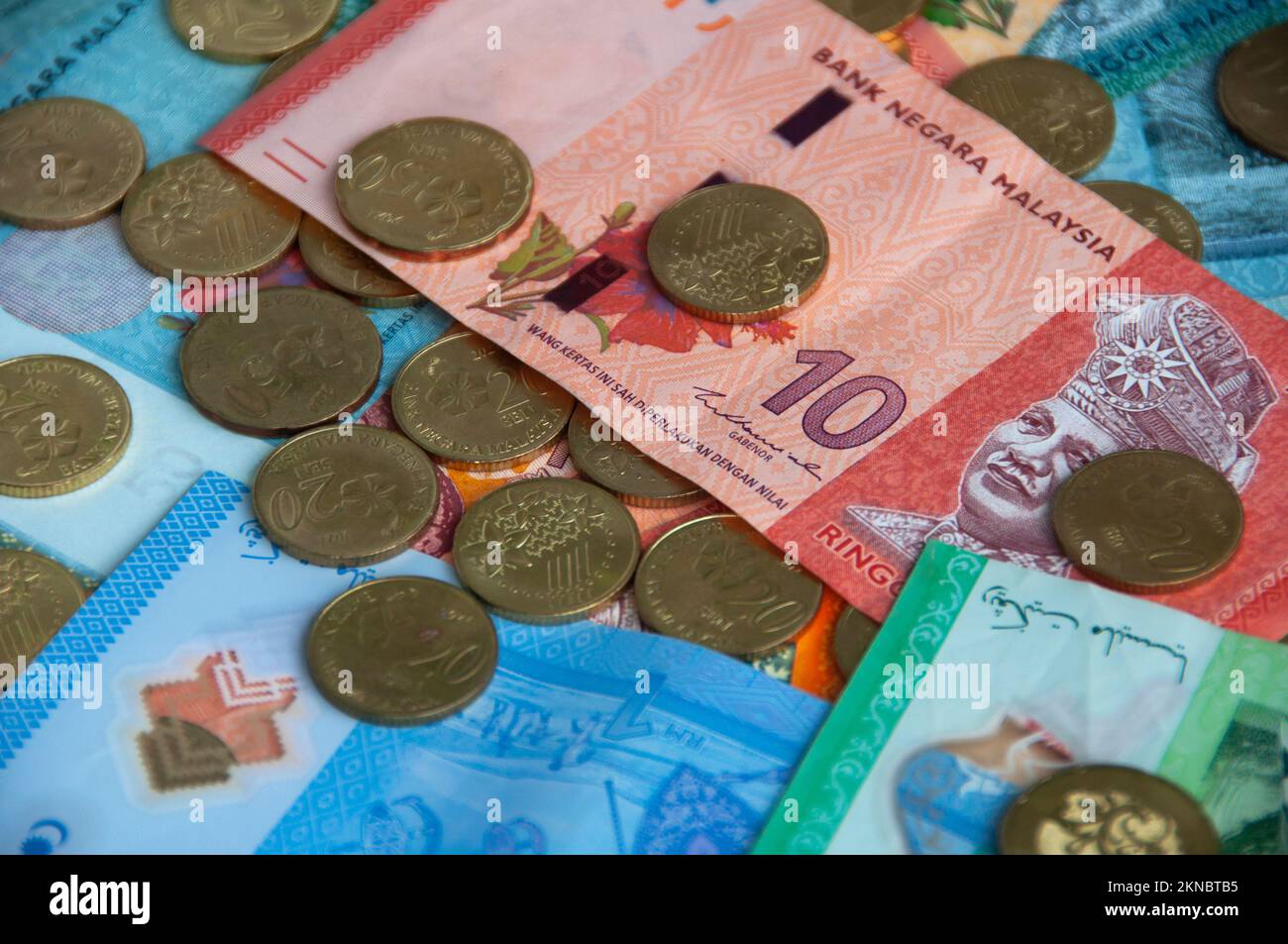 Top view of various Malaysia Ringgit currency and coins. Money concept ...