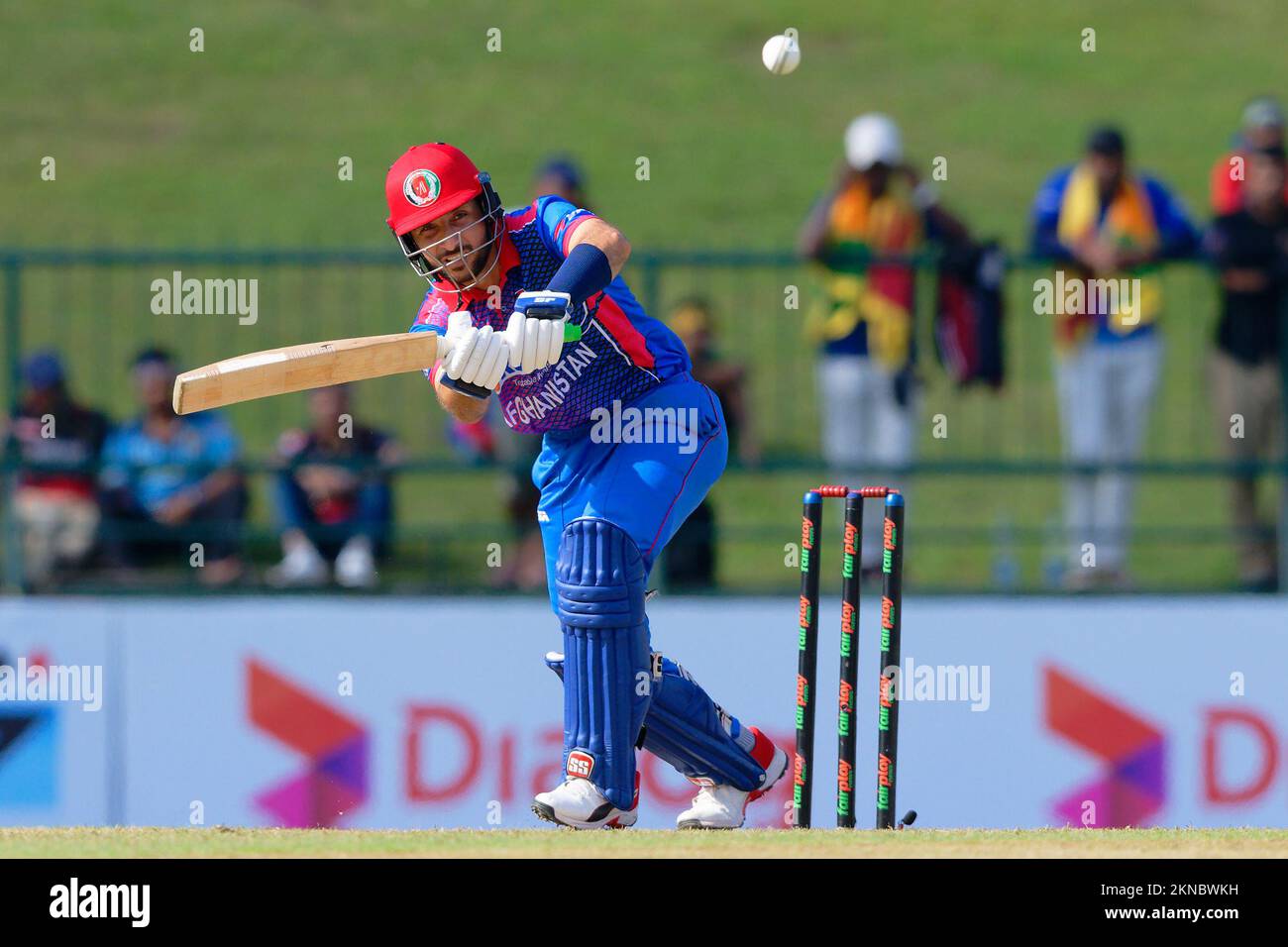 Kandy, Sri Lanka. 27th November 2022. Afghanistan's Rahmat Shah plays a ...