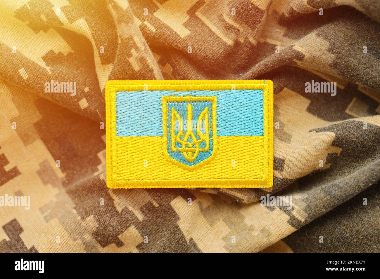 Pixeled digital military camouflage fabric with ukrainian flag and coat ...