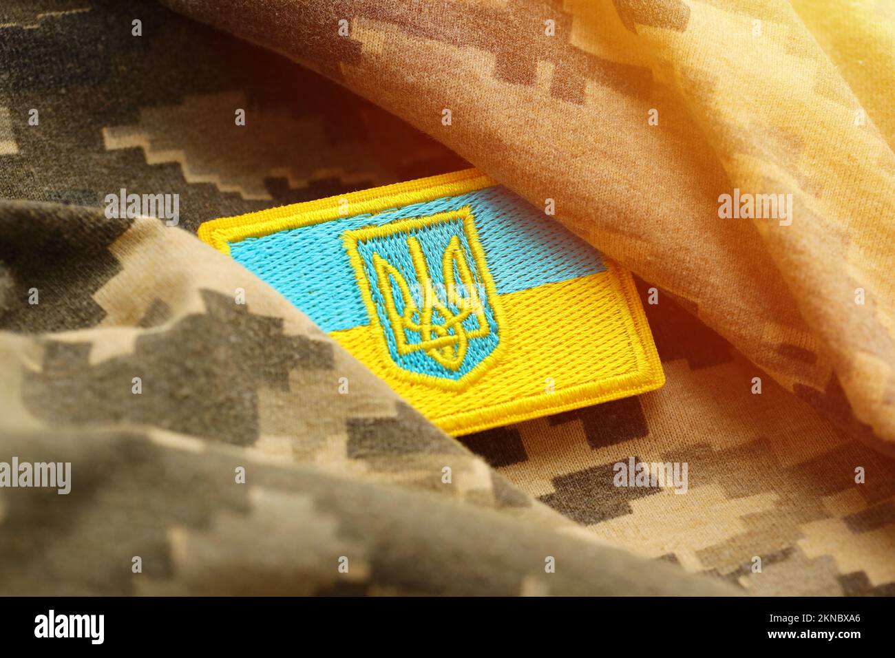 Pixeled digital military camouflage fabric with ukrainian flag and coat ...