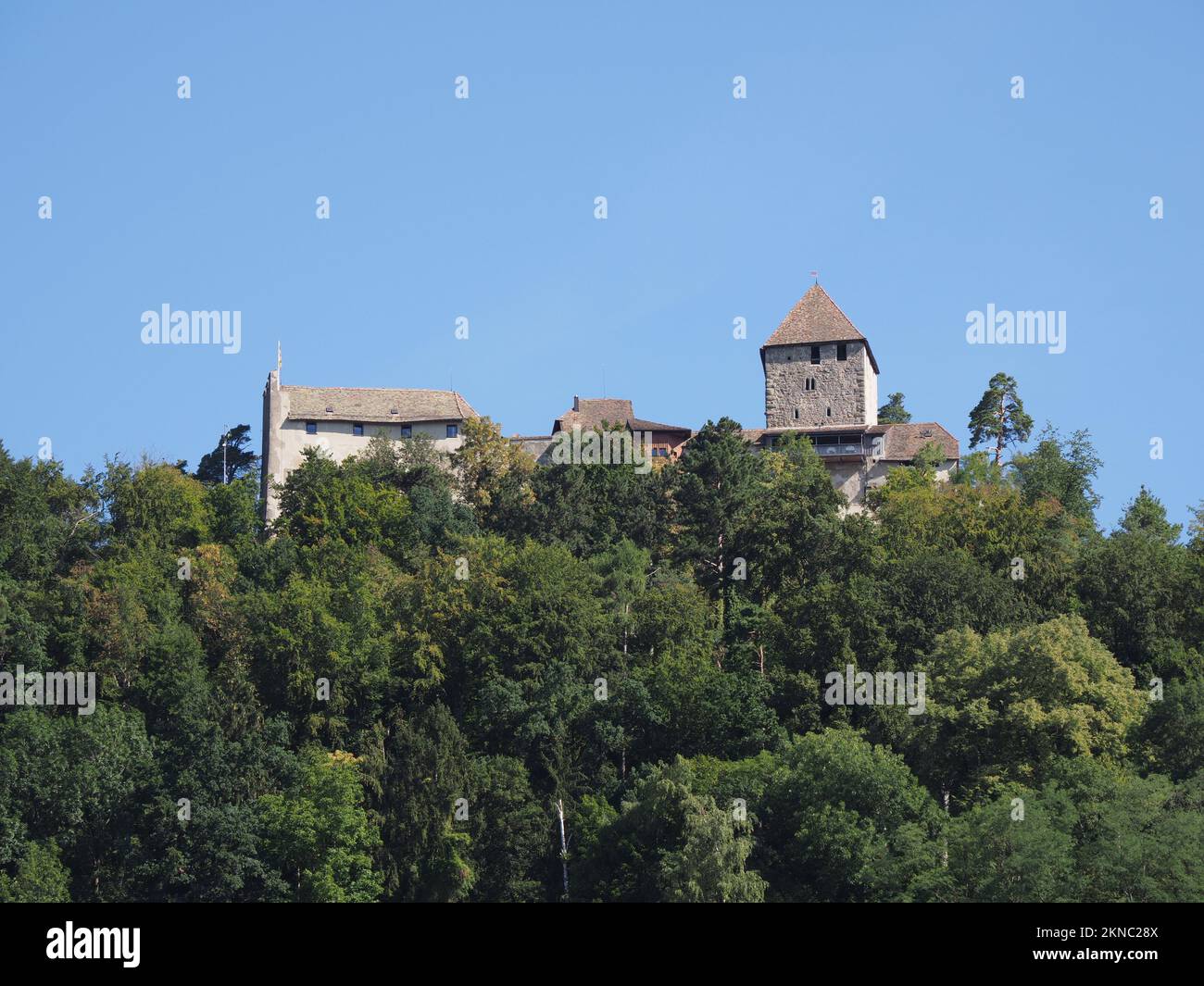 Hohenklingen castle in forest above european Stein am Rhein town in ...