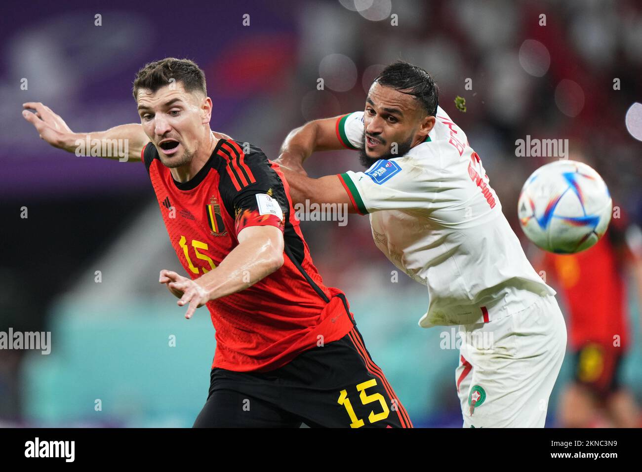 Doha, Qatar. 27th Nov, 2022. Sofiane Boufal of Morocco and Thomas Meunier of Belgium during the ...