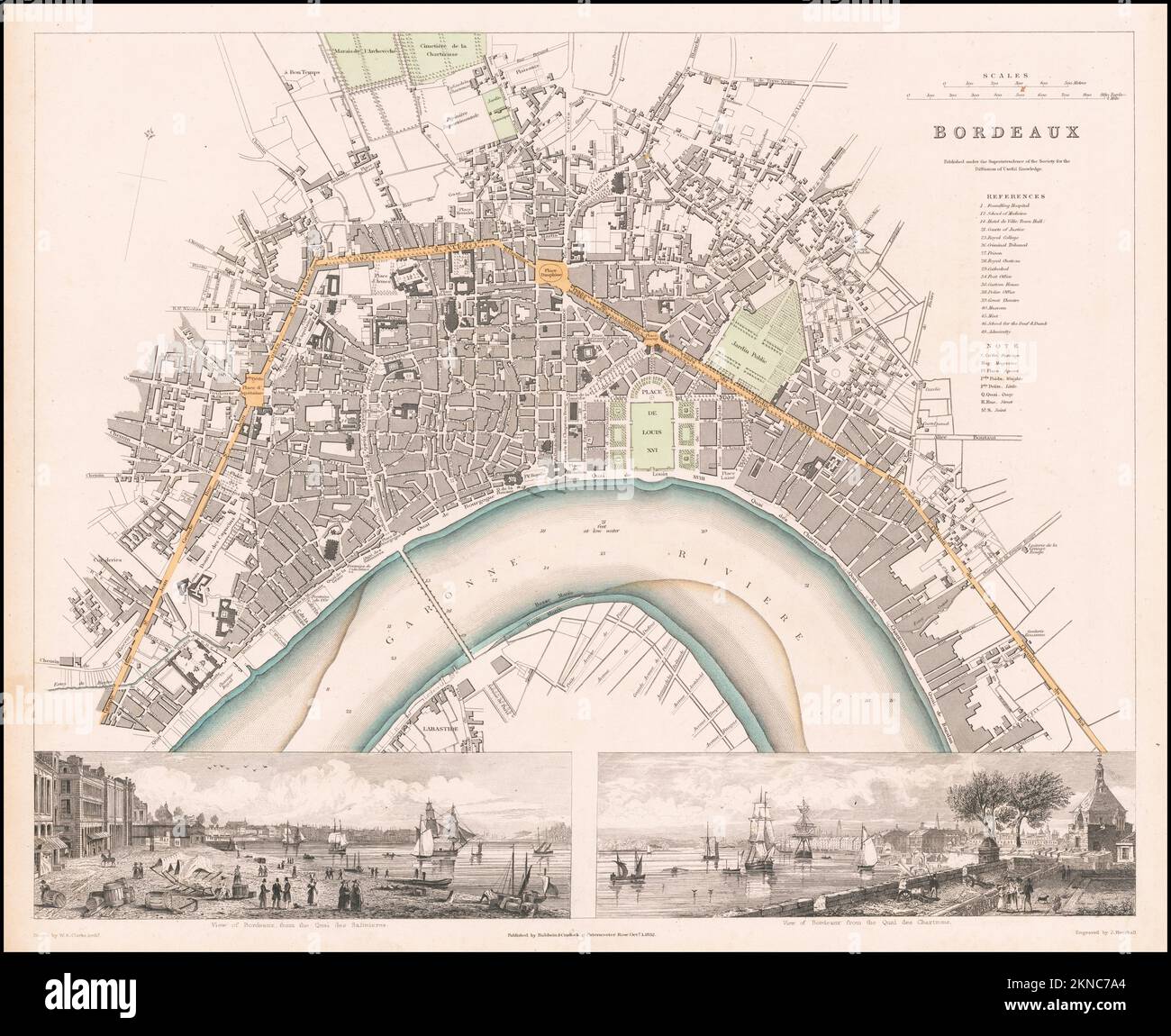 Vintage city plan of Bordeaux and area around it from 19th century ...