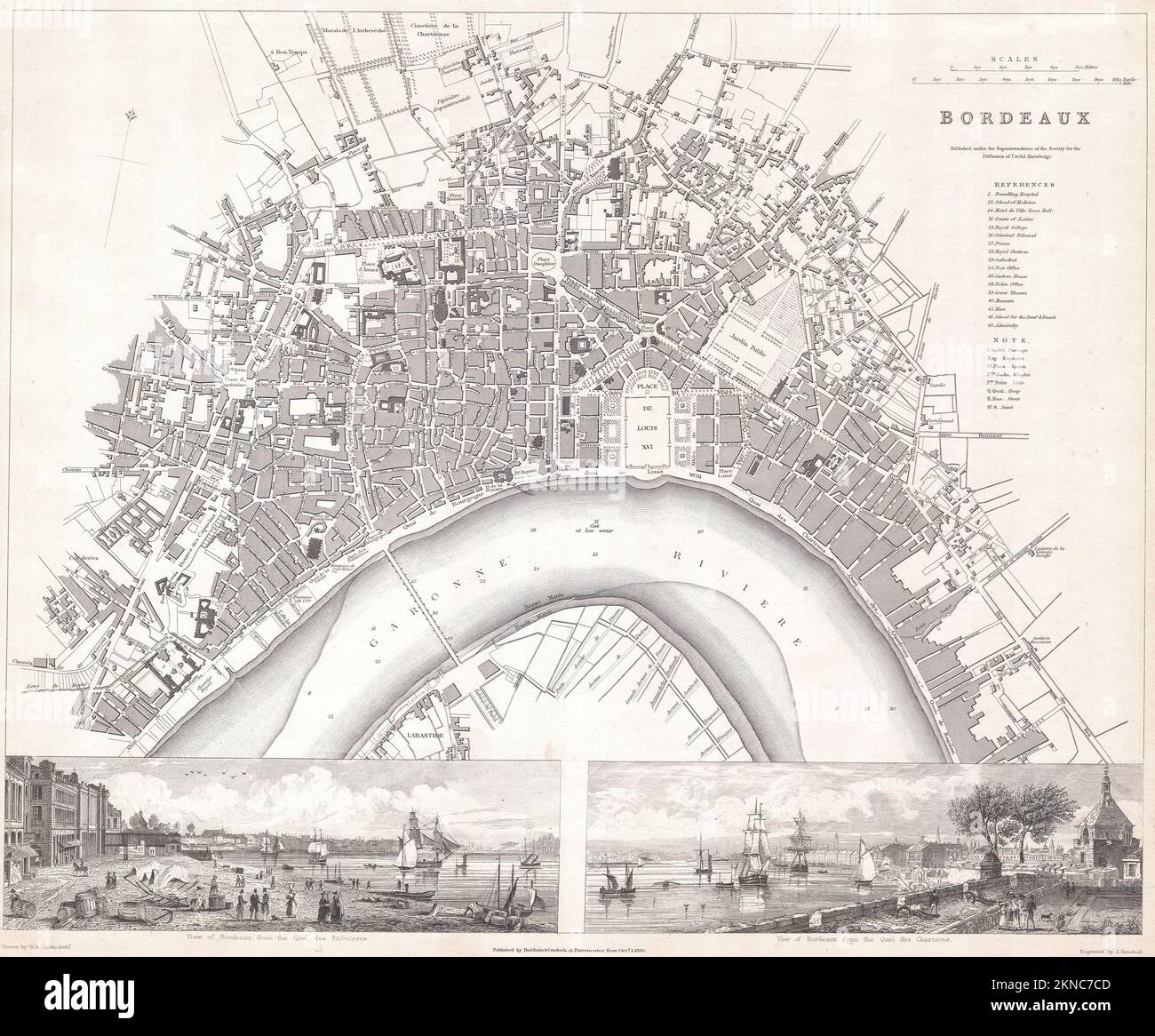 Vintage city plan of Bordeaux and area around it from 19th century ...