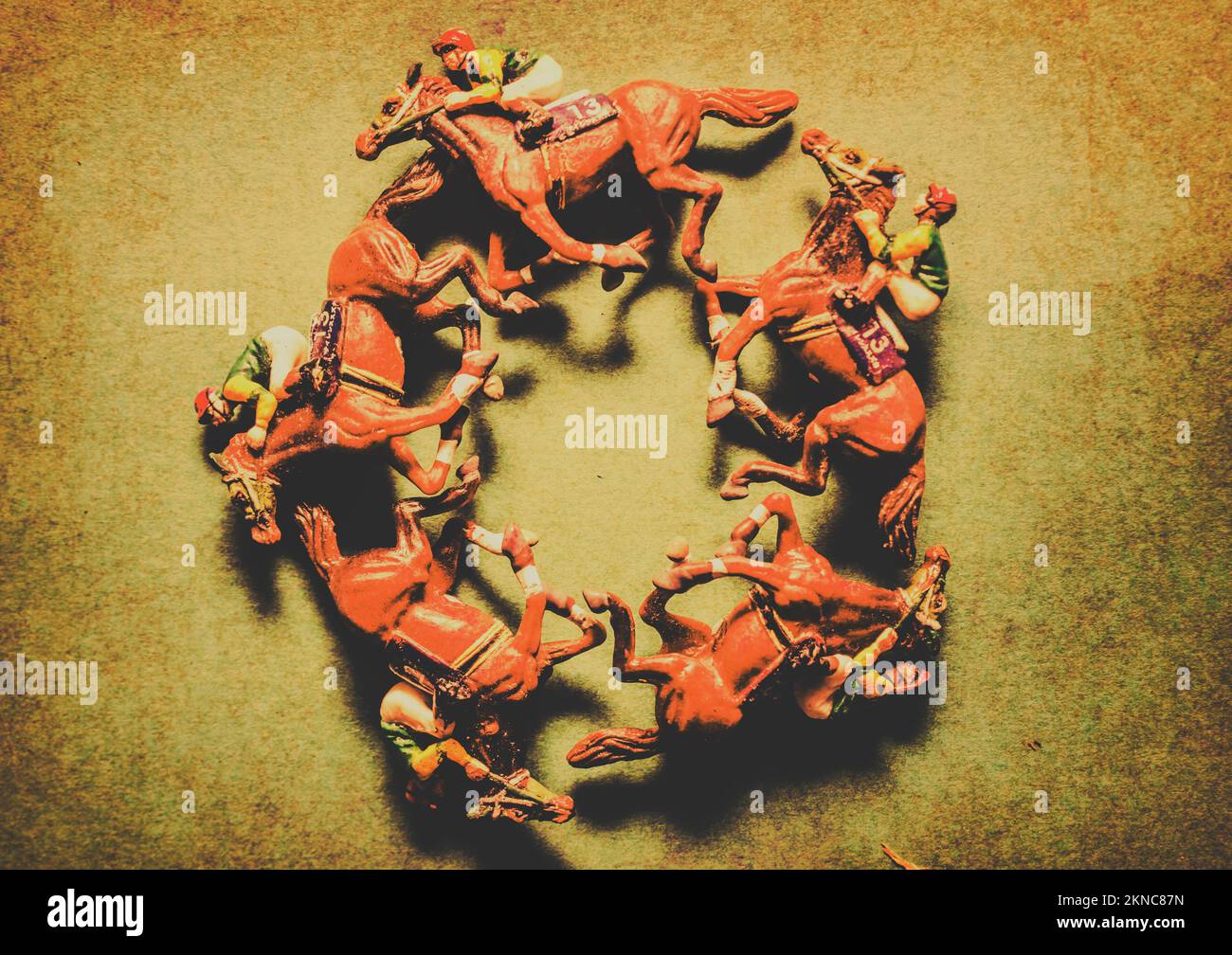 Antique sports art on a circular race of five jockeys riding horseback ...