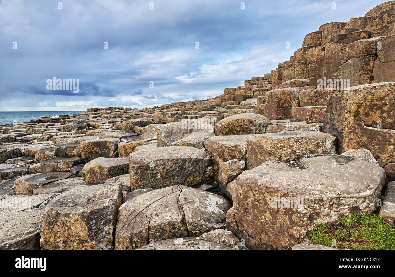 atlantic coastline with Volcanic hexagonal basalt columns of Giant`s ...