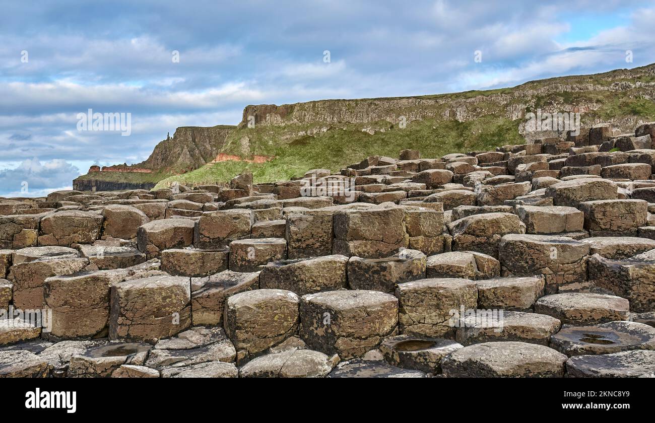 atlantic coastline with Volcanic hexagonal basalt columns of Giant`s ...