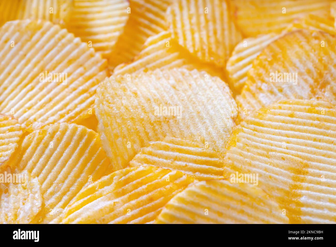 Yellow crispy ridged potato chips close up. Food background, banner ...
