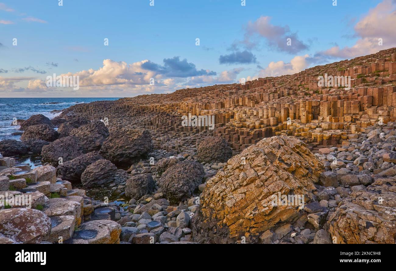 atlantic coastline with Volcanic hexagonal basalt columns of Giant`s ...