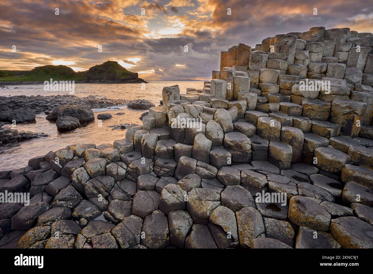 atlantic coastline with Volcanic hexagonal basalt columns of Giant`s ...