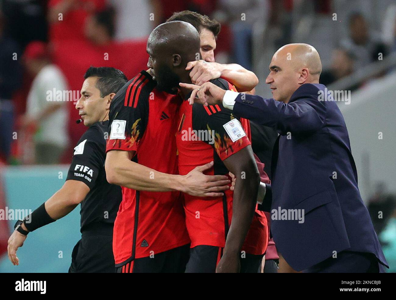 Belgium's Thomas Meunier, Belgium's Romelu Lukaku and Belgium's head ...
