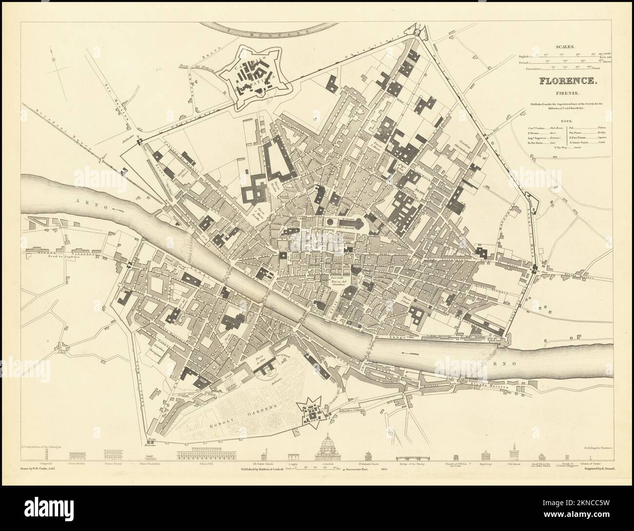 Vintage city plan of Florence and area around it from 16th-18th century ...