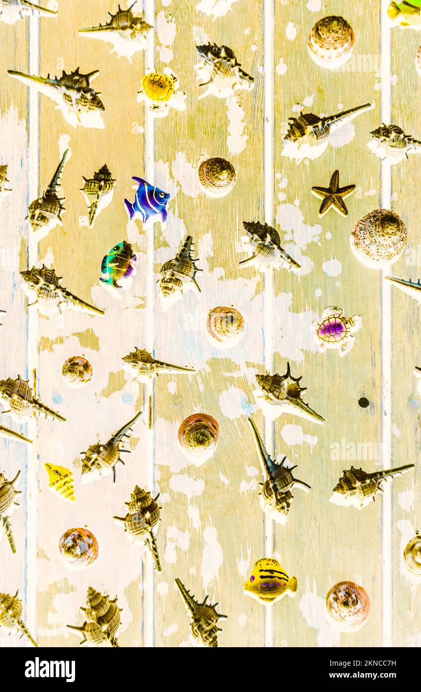 Sea life patterning of shells, fish and water spills in artistic ...