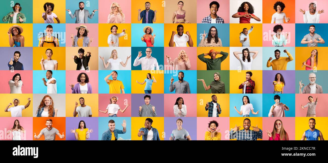 Collage Of Different Happy People Portraits Over Bright Studio ...