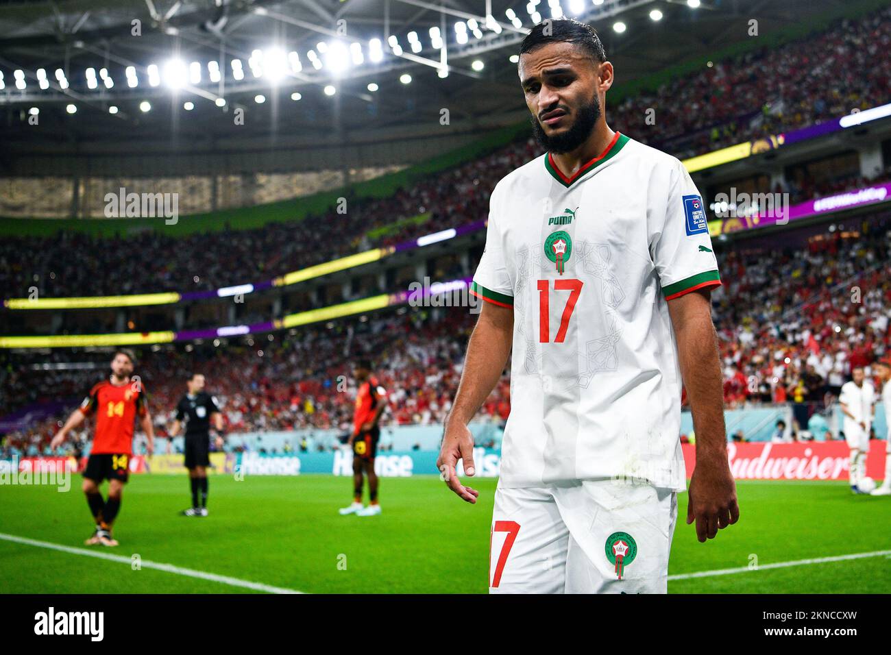 DOHA, QATAR - NOVEMBER 27: Sofiane Boufal of Morocco looks on during the Group F - FIFA World ...