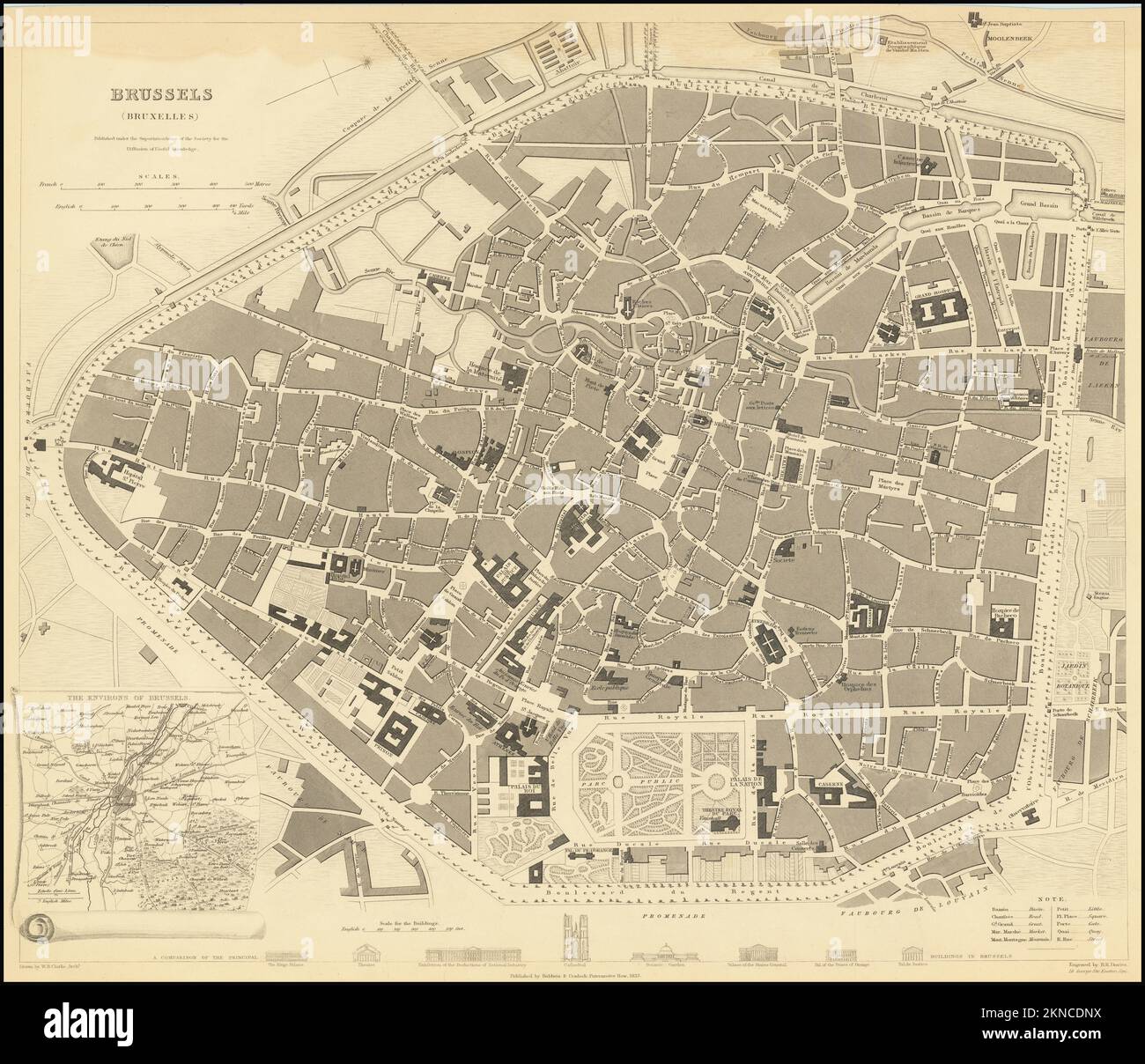 Vintage city plan of Brussels and area around it from 19th century ...