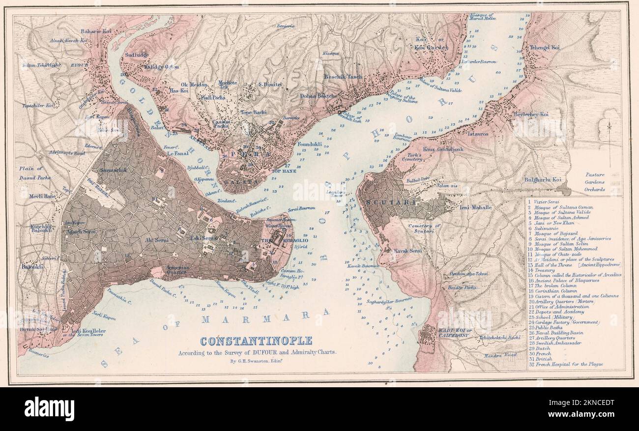 Vintage city plan of Istanbul/Constantinople and area around it from ...