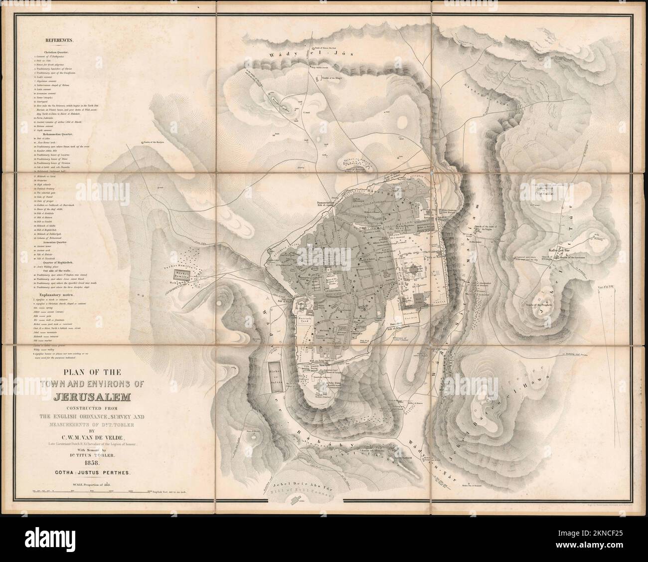 Vintage city plan of Jerusalem and area around it from 19th century ...