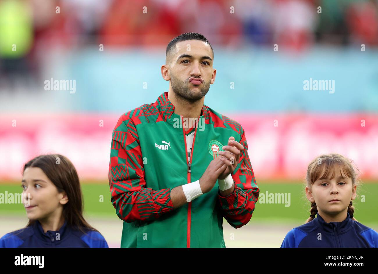 Doha, Qatar. 27th Nov, 2022. Hakim Ziyech (C) of Morocco reacts before ...