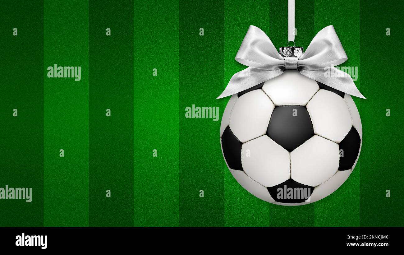 merry Christmas gift greeting card with soccer ball and bright satin ...