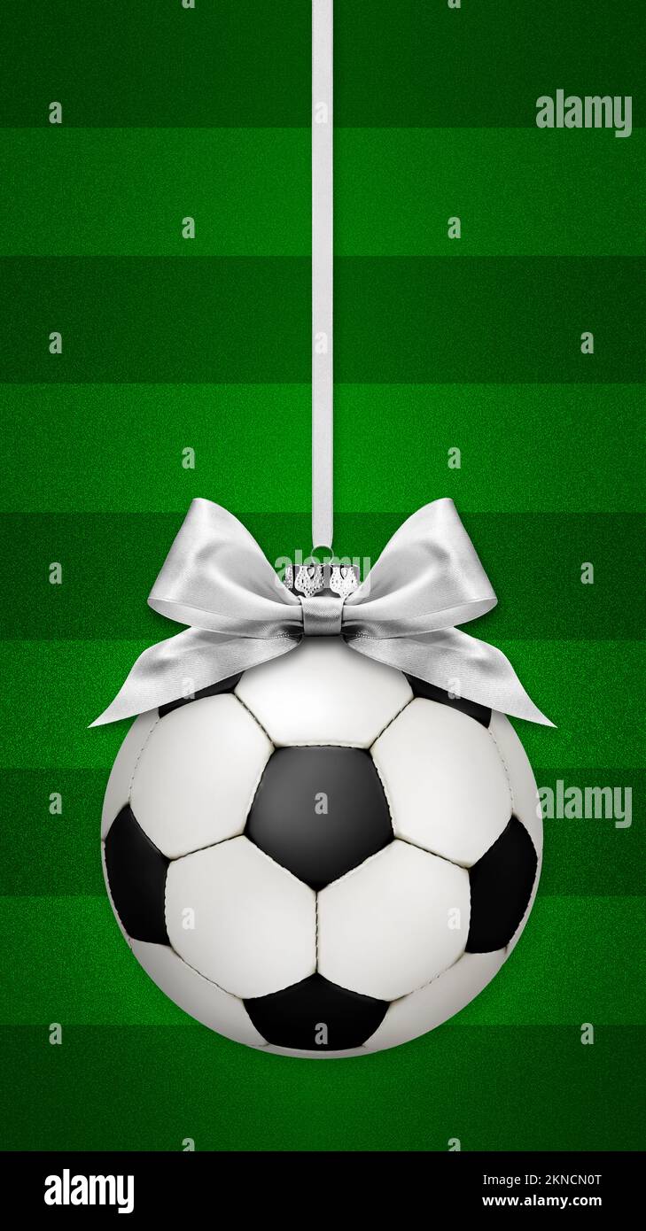 merry Christmas gift greeting card with soccer ball and bright satin ...