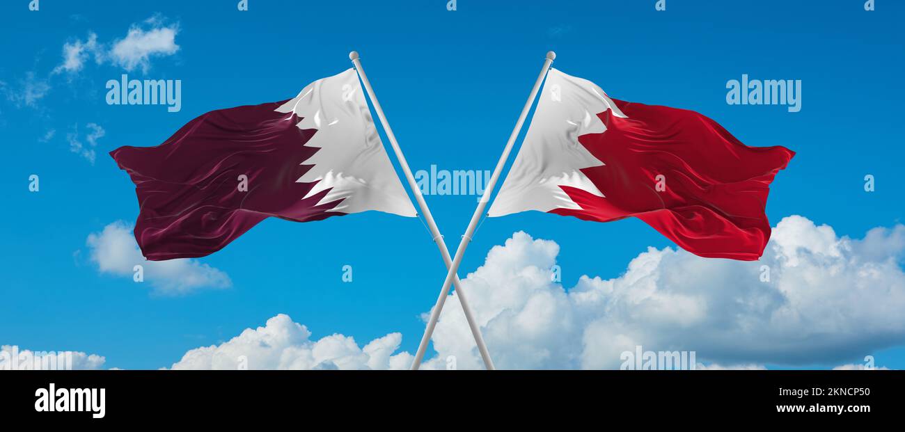 two crossed flags Bahrain and Qatar waving in wind at cloudy sky. Concept of relationship ...