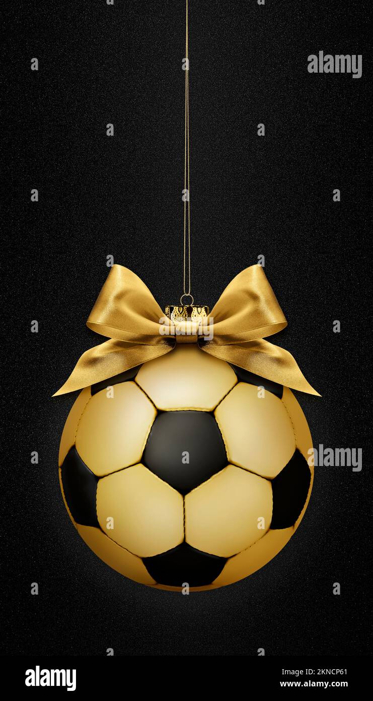 merry Christmas gift greeting card with golden soccer ball and bright ...