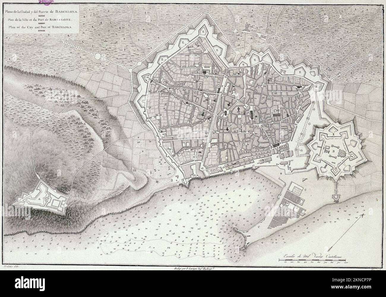 Vintage city plan of Barcelona and area around it from 16th-18th ...