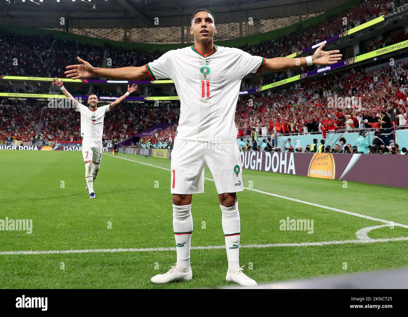 Moroccan Abdelhamid Sabiri celebrates the 1-0 goal at a soccer game ...