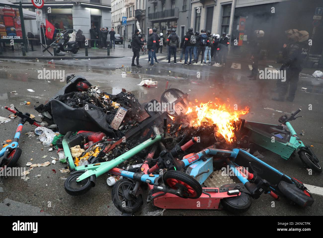 Illustration picture shows fire from a pile of rental e-steps lying in ...