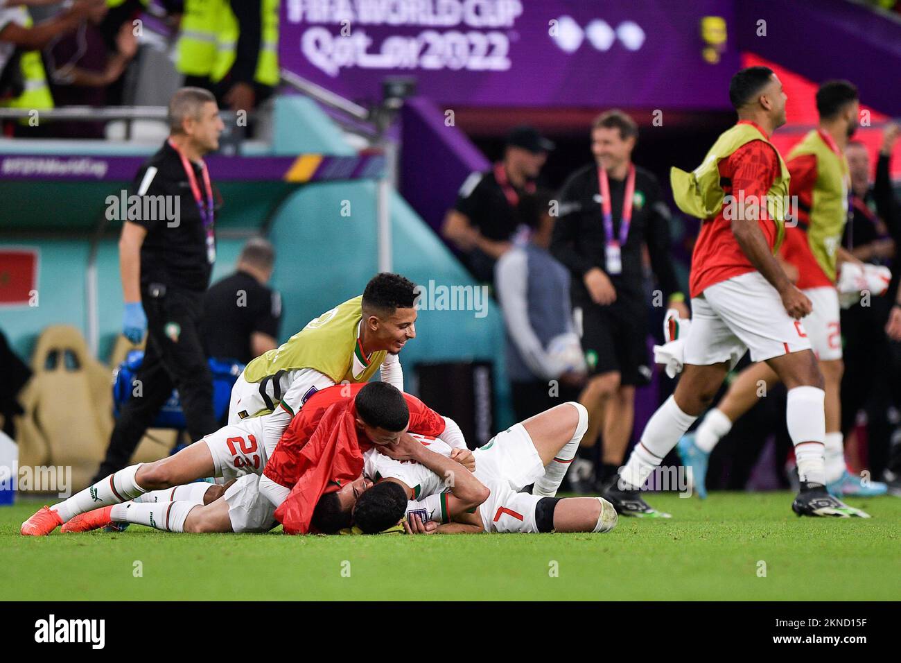 DOHA, QATAR - NOVEMBER 27: Players of Morocco celebrating their sides victory during the Group F ...
