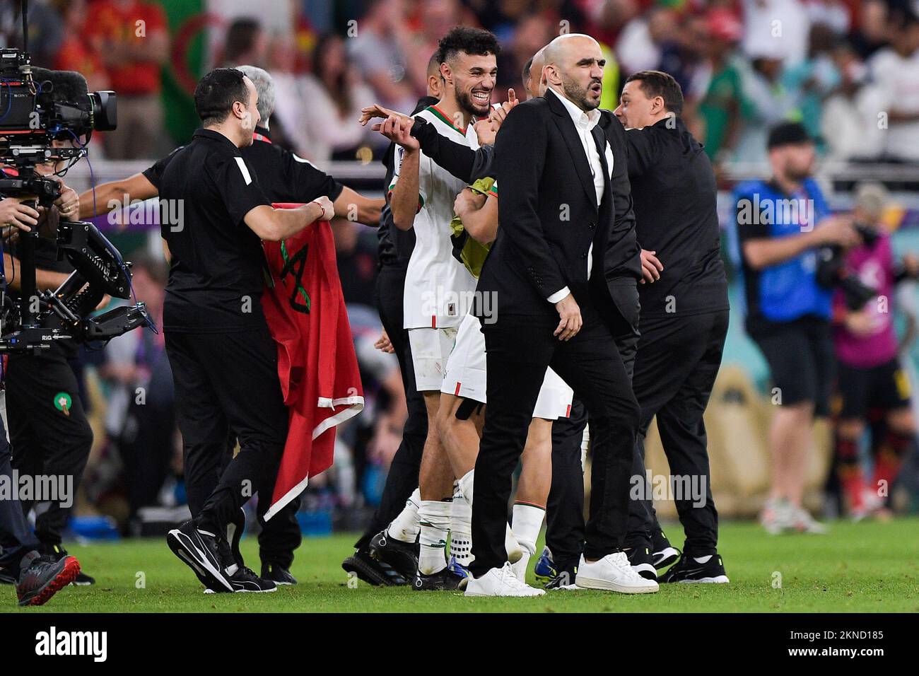 DOHA, QATAR - NOVEMBER 27: Coach Walid Regragui of Morocco celebrating their sides victory ...