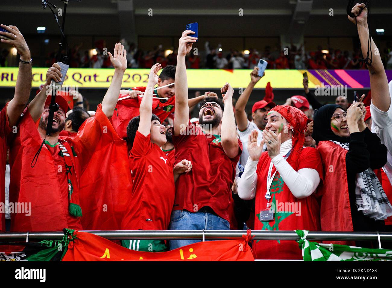 DOHA, QATAR - NOVEMBER 27: Fans and supporters of Morocco celebrating their sides victory during ...