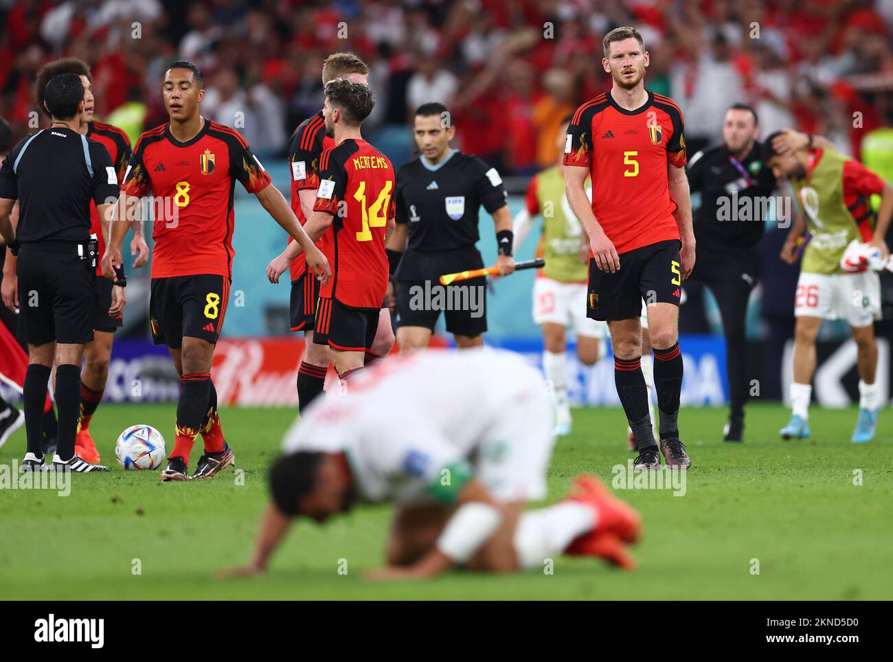 Doha, Qatar. 27th Nov, 2022. Belgian players look on as Morocco ...