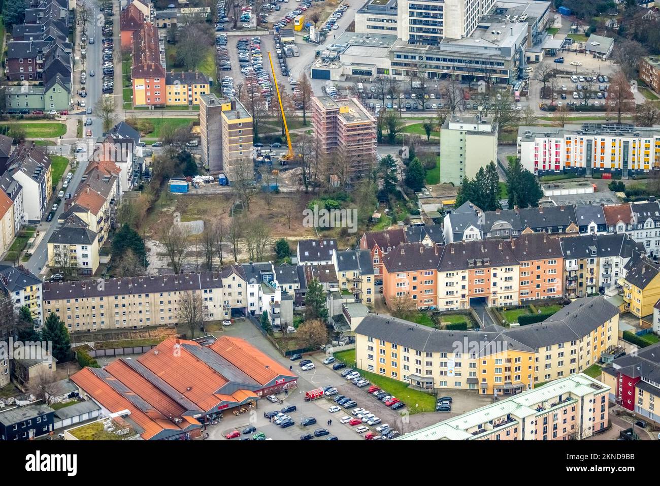 Aerial view, construction site high-rise building at Hölkeskampring in ...