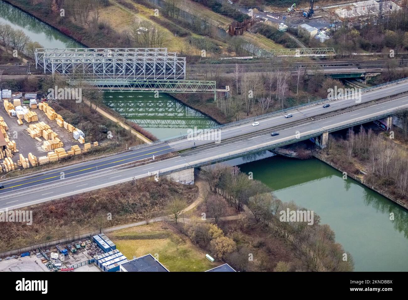 Aerial view, stress test of the Emscher bridge of the A43 freeway and ...