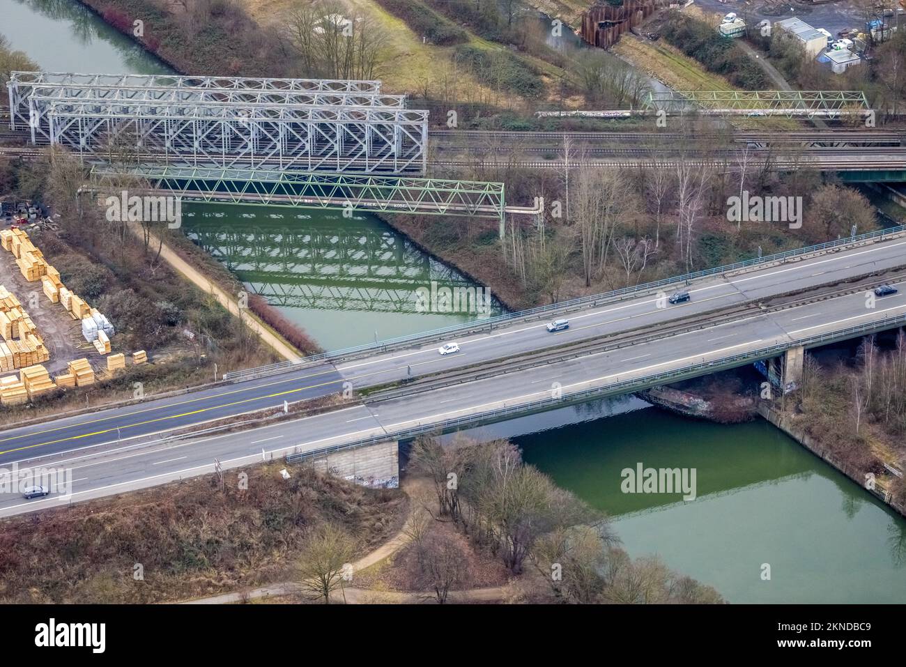 Aerial view, stress test of the Emscher bridge of the A43 freeway and ...