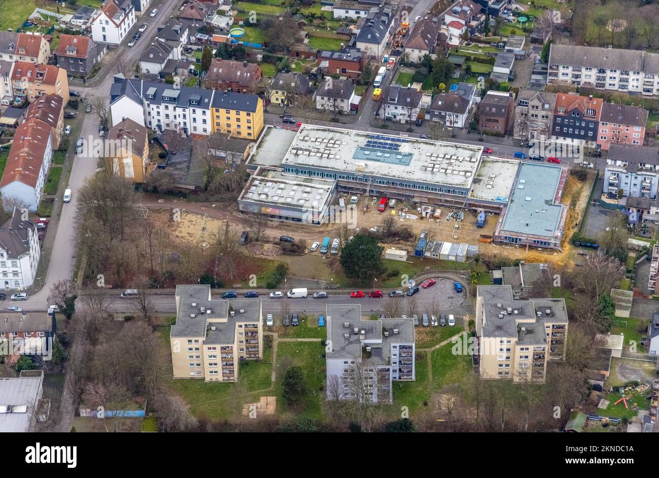 Aerial view, construction site at Claudius elementary school in Wanne ...