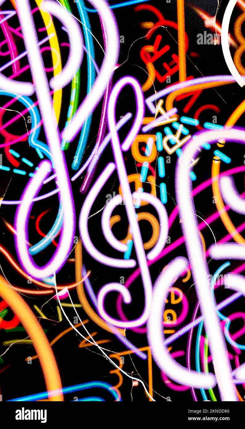 A show time display in live disco with glowing music notes and stage ...