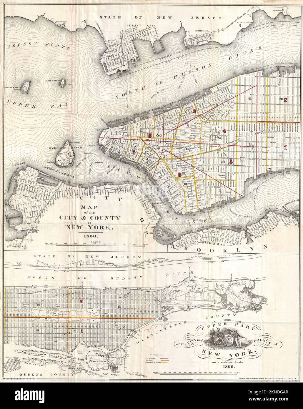 Vintage plan of New York city from 19th century. Maps are hand ...