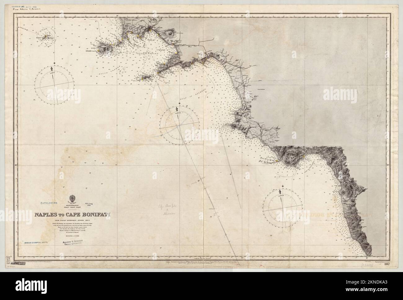 Vintage admiralty chart of Naples and area around it from 19th century ...
