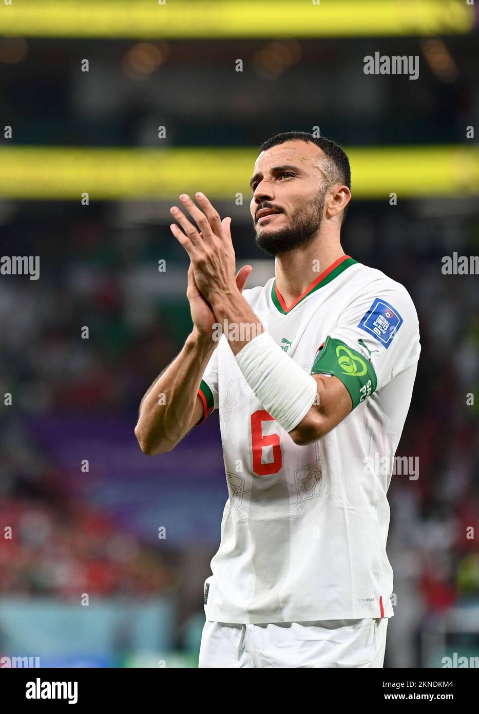 Doha, Qatar. 27th Nov, 2022. Romain Saiss of Morocco greets the audience after the Group F match ...