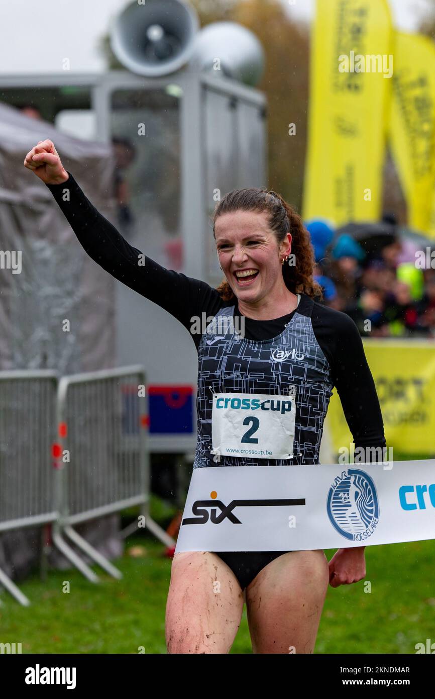 Belgian Lisa Rooms celebrates after winning the women's race at the ...