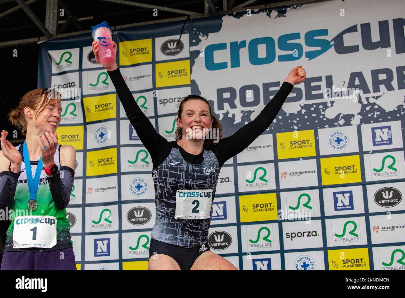 Belgian Mieke Gorissen and Belgian Lisa Rooms celebrate on the podium ...