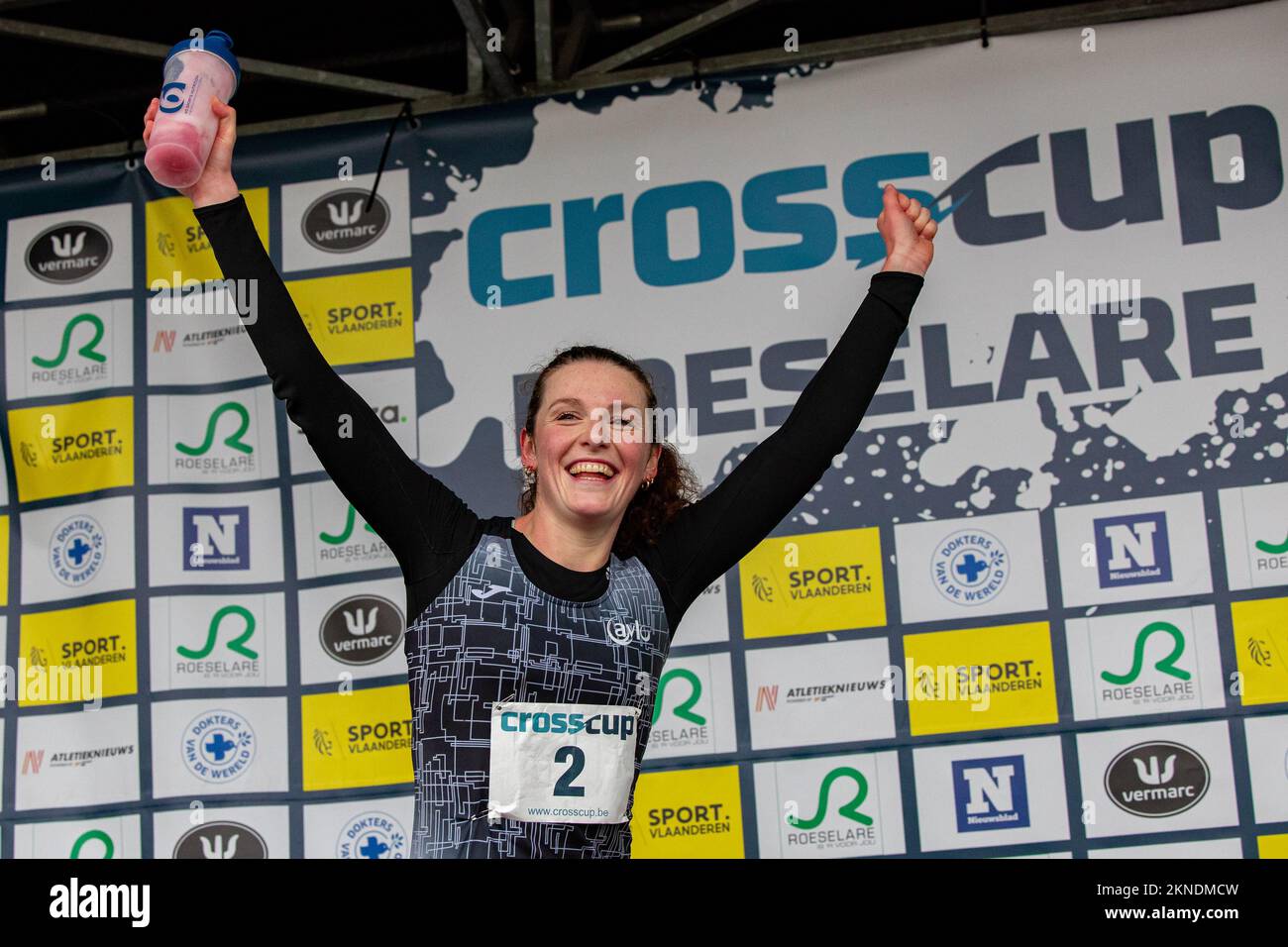 Belgian Lisa Rooms celebrate on the podium after winning the women's ...