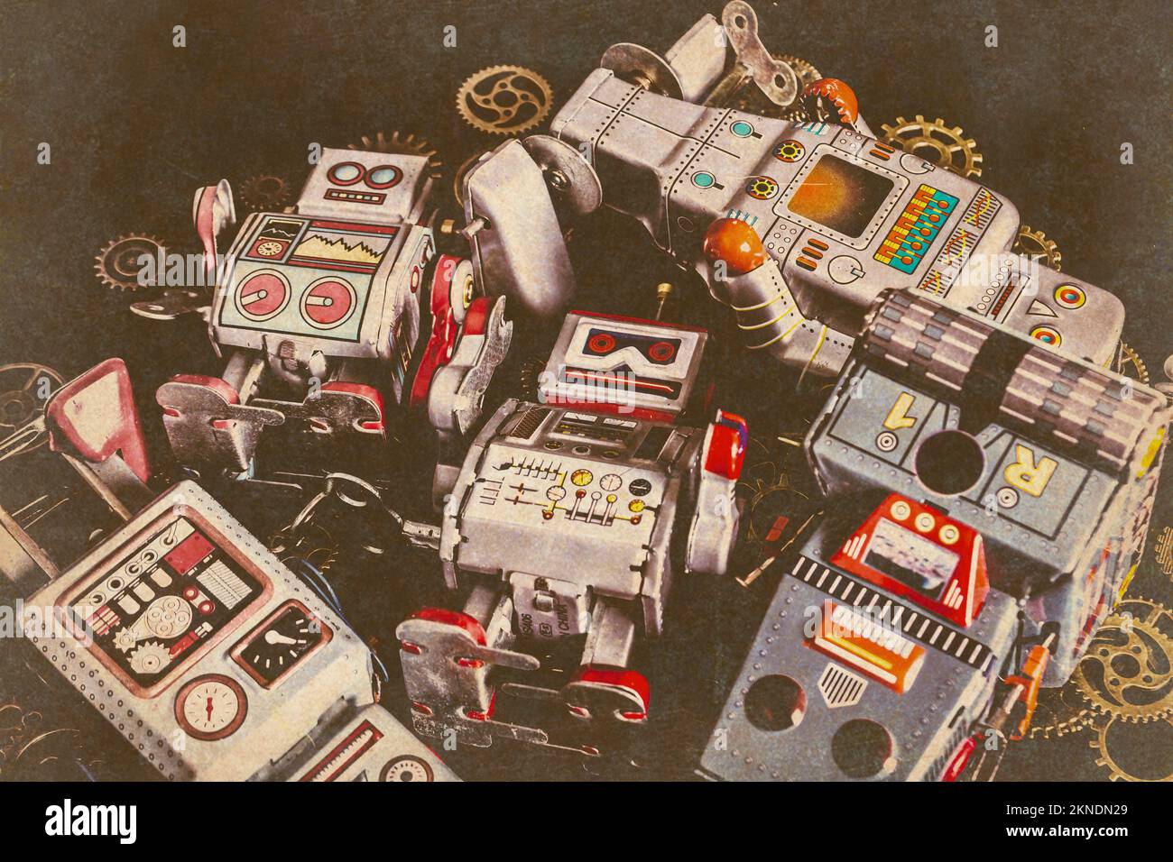 Rustic retro technology scene on a group of old robots on industry ...